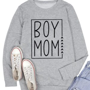 Boy Mom Sweatshirt for Women Casual Fall Winter Long Sleeve Pullover Tops Funny Letter Print Boy Mama T Shirt (M, Gray)