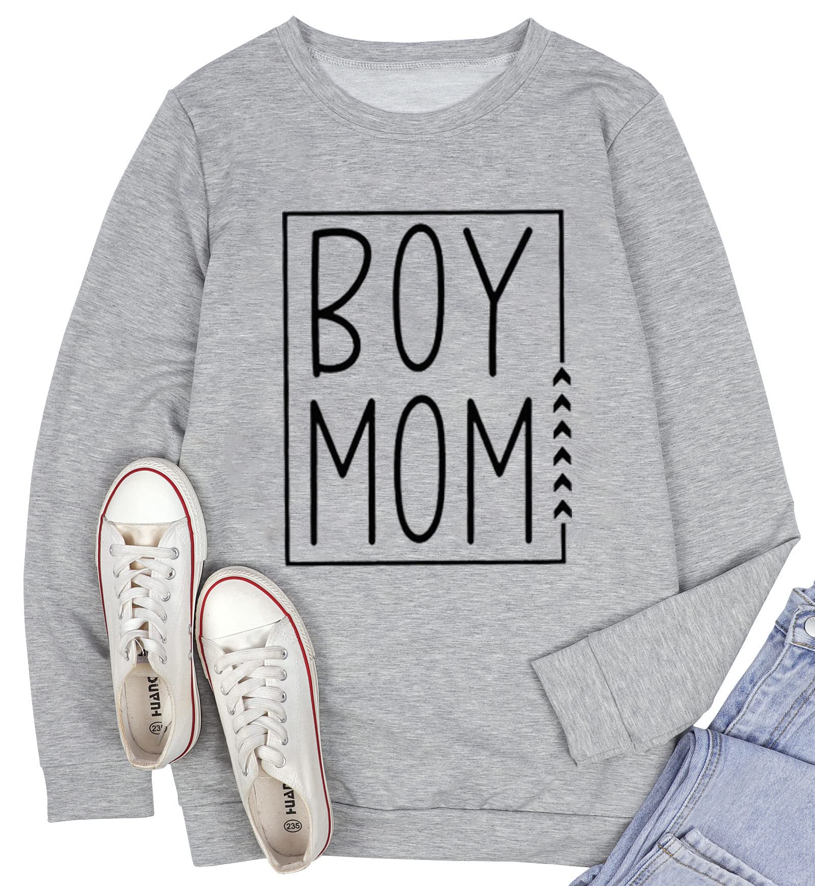 Boy Mom Sweatshirt for Women Casual Fall Winter Long Sleeve Pullover Tops Funny Letter Print Boy Mama T Shirt (M, Gray)