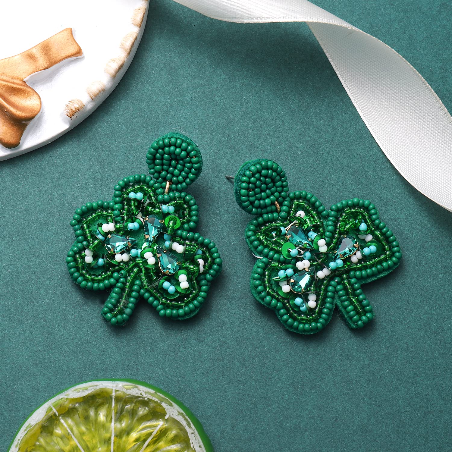 St. Patrick's Day Earrings Beaded Green Leaf Earring for Women Handmade Lucky Shamrock Hat Drop Dangle Earrings Irish Holiday Jewelry Gift (Leaf)