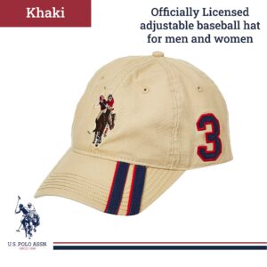 U.S. Polo Assn. Dad Hat, Embroidered Horse Logo Adjustable Adult Baseball Cap with Diagonal Accent Stripes, Khaki, One Size