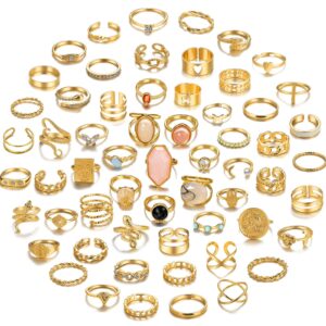 17km 60pcs gold crystal vintage ring sets for women, boho knuckle stackable midi rings pack, aesthetic grunge finger rings sets for jewelry