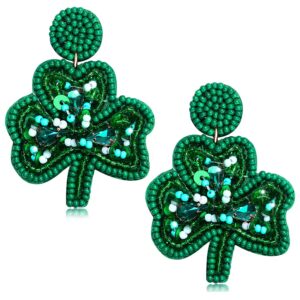 st. patrick's day earrings beaded green leaf earring for women handmade lucky shamrock hat drop dangle earrings irish holiday jewelry gift (leaf)