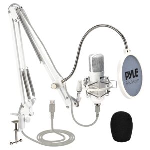 pyle usb condenser microphone streaming kit - professional computer/mac mic audio cardioid boom with adjustable arm stand & pop filter for podcast, gaming, studio, youtube