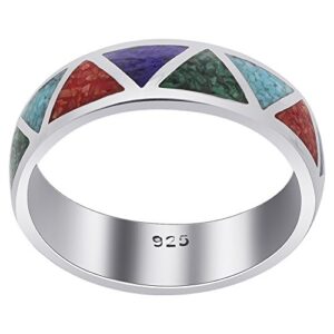 Southwestern Style Multi Gemstone 6mm Wedding Band 925 Sterling Silver Ring for Women Size 12