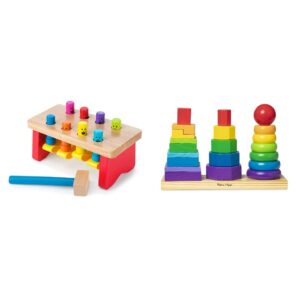 melissa & doug geometric stacker - wooden educational toy & deluxe pounding bench wooden toy with mallet