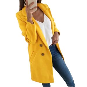 women duffle coat mid-length jacket plus size double-breasted solid color notch lapel pocket cardigan windbreaker trench overcoat(a yellow,2xl)