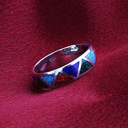 Southwestern Style Multi Gemstone 6mm Wedding Band 925 Sterling Silver Ring for Women Size 12