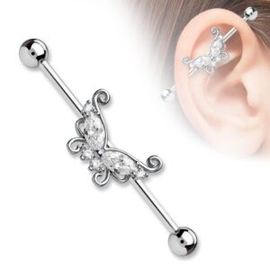 cz butterfly rose gold ip surgical steel industrial barbell piercing 14g 1/2" - clear