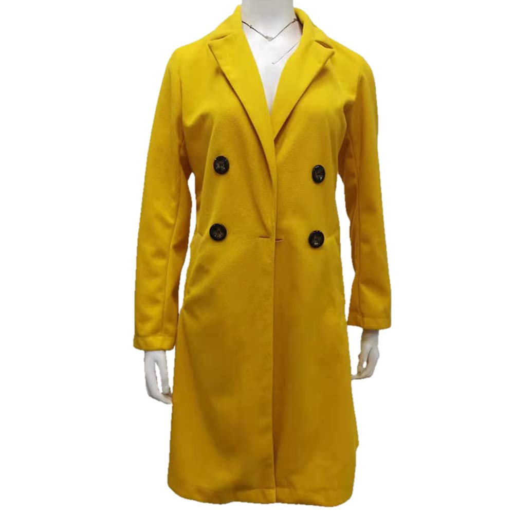 Women Duffle Coat Mid-Length Jacket Plus Size Double-Breasted Solid Color Notch Lapel Pocket Cardigan Windbreaker Trench Overcoat(A Yellow,2XL)