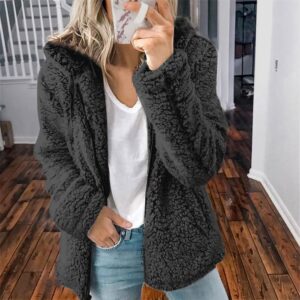 Mayntop Women Furry Jacket Hooded Coat Plus Size Solid Color Polar Fleece Plain Shearling Sherpa Pocket Lambswool Zipper Outerwear(A Black,3XL)