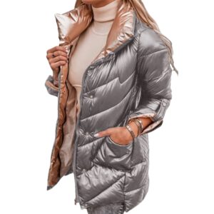 Janepam Women Heavy Coat Winter Anorak Cotton Fill Roll-Up Sleeve Pocket Puffer Padded Quilted Glossy Warm Jacket Zipper Overcoat(A Silver Grey,M)