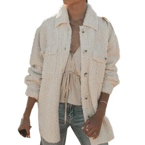 janepam women polar fleece coat sherpa jacket button-down flap pocket solid color warm plain shaggy faux lambswool outerwear(a off white,m)