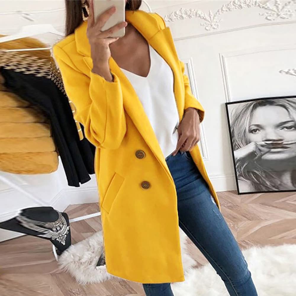 Women Duffle Coat Mid-Length Jacket Plus Size Double-Breasted Solid Color Notch Lapel Pocket Cardigan Windbreaker Trench Overcoat(A Yellow,2XL)