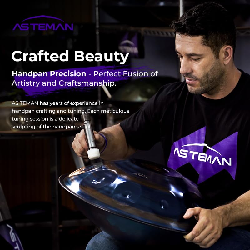 ASTEMAN Handpan in D Minor,432hz, 22 inches with 10 notes, comes with a backpack, courses, finger sleeves, stand, cleaning cloth, and two mallets.