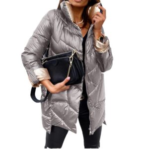 janepam women heavy coat winter anorak cotton fill roll-up sleeve pocket puffer padded quilted glossy warm jacket zipper overcoat(a silver grey,m)