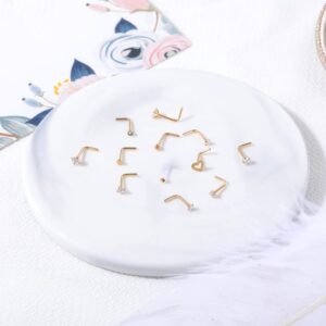 ZS 12Pcs 20G Nose Studs Rings - Surgical Steel L Shape Nose Bone Nose Screw CZ Nostril Piercing Jewelry for Women (Gold,L Shaped Nose Rings)