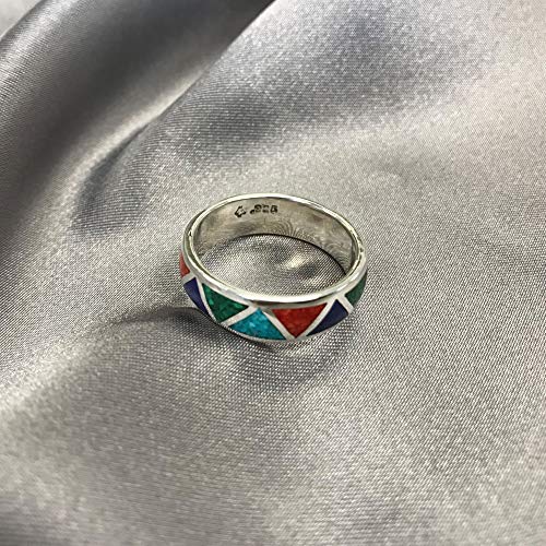 Southwestern Style Multi Gemstone 6mm Wedding Band 925 Sterling Silver Ring for Women Size 12