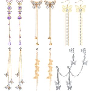 6 pairs butterfly cuff tassel chain earrings cute butterfly stud drop dangle earrings long crystal butterfly earrings jewelry butterfly purple rhinestones statement charm for women girl (silver, gold)