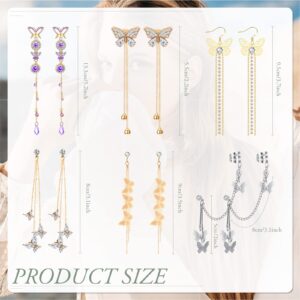 6 Pairs Butterfly Cuff Tassel Chain Earrings Cute Butterfly Stud Drop Dangle Earrings Long Crystal Butterfly Earrings Jewelry Butterfly Purple Rhinestones Statement Charm for Women Girl (Silver, Gold)