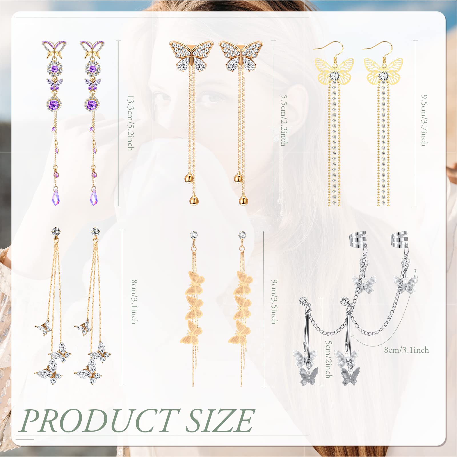 6 Pairs Butterfly Cuff Tassel Chain Earrings Cute Butterfly Stud Drop Dangle Earrings Long Crystal Butterfly Earrings Jewelry Butterfly Purple Rhinestones Statement Charm for Women Girl (Silver, Gold)