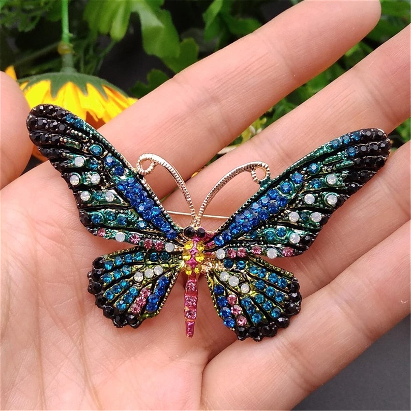 Guoshang Women Large Colorful Butterfly Shaped Brooch Pin Rhinestone Crystal Butterfly Lapel Pin for Coats Jackets Sweaters Accessories,Blue,1 Pc