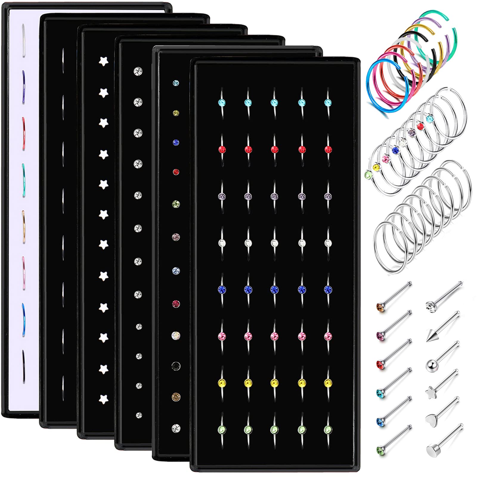 Kakonia 300 Pcs Nose Ring Studs Set for Women Men 316L Stainless Steel Nose Hoops Rings Bone Studs Nose Piercing Jewelry 20G 1.5mm 2mm 2.5mm