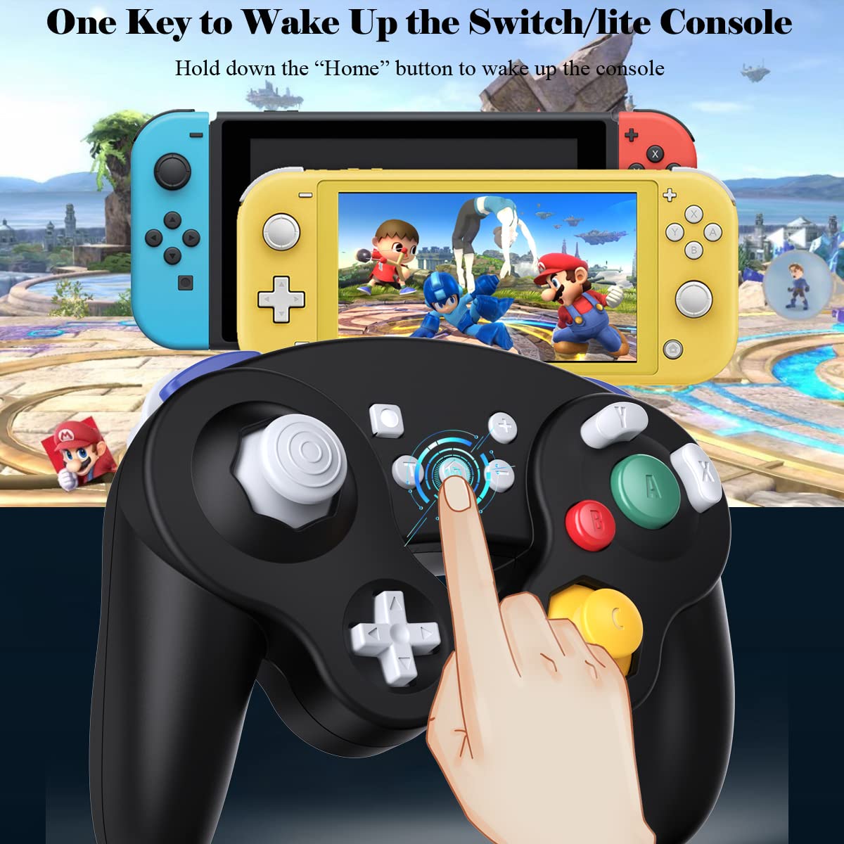 EXLENE Gamecube Controller Switch, Wireless Switch Pro Controller for Nintendo Switch/Lite/PC/Android/iOS/Steam, Support Wake Up, Motion, Adjustable Rumble, Turbo & Auto Turbo (Upgraded, Black)