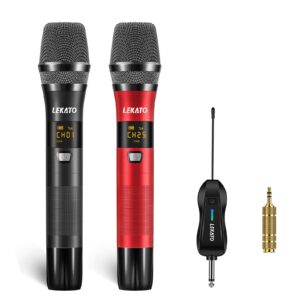 lekato wireless microphone, uhf professional microphones rechargeable metal dual wireless microphone dynamic microphone system set with rechargeable receiver for karaoke singing, speech, wedding