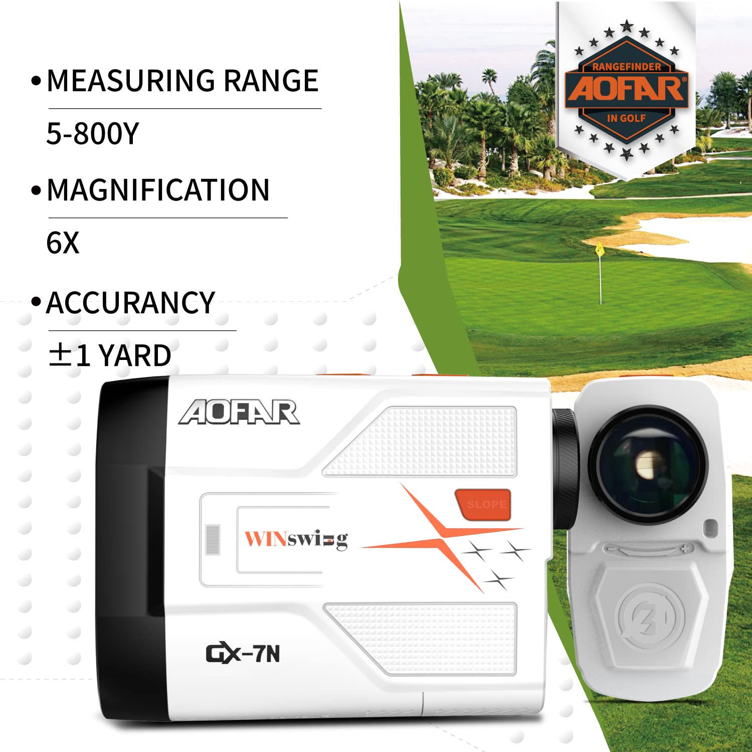 AOFAR GX-7N, High-Precision Golf Rangefinder with Slope Switch, Continuous Scan, Flag-Lock, 800 Yards, Waterproof, Accessories Included, White, Model GX-7N