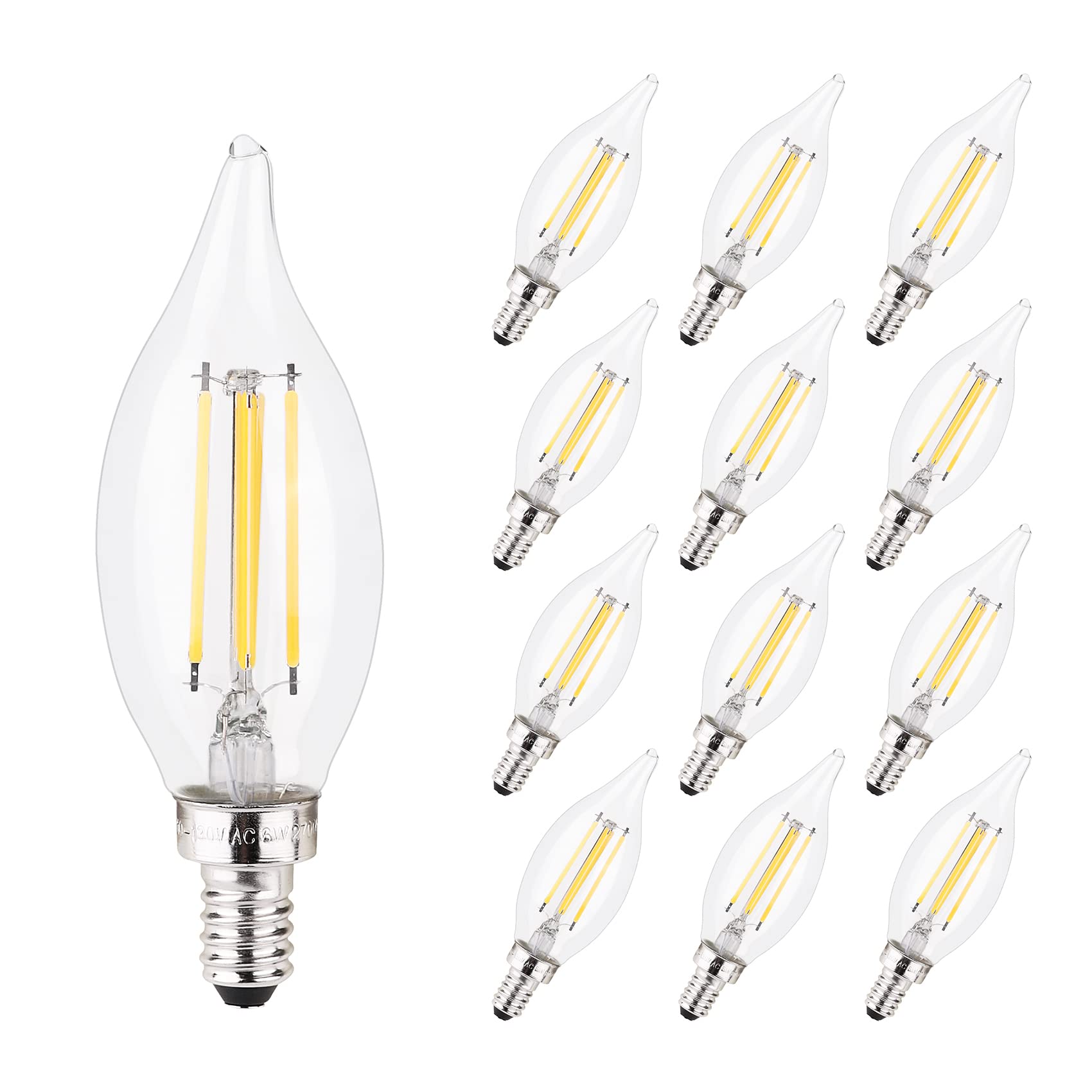 E12 Candelabra Bulb 60 watt, Dimmable LED Bulbs Filament Candle Light Bulbs 600LM 2700K Soft Warm White Light Clear Glass Chandelier Edision Bulbs, UL Listed, Flame Tip Style, 12 Pack