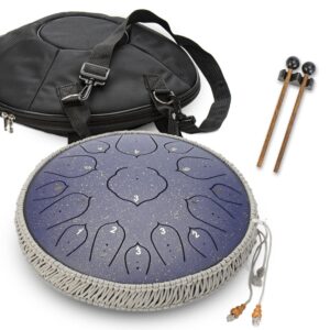 Steel Tongue Drum- ChunFeng 14 Inch 15 Notes Tongue Drum Instrument-Steel Drums For Adults-Hand Pan Drums With Music Book,Handpan Tongue Drum Mallets and Carry Bag,Lotus D Major(Blue)