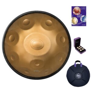 asteman handpan in d minor,432hz, 22 inches with 10 notes, comes with a backpack, courses, finger sleeves, stand, cleaning cloth, and two mallets.