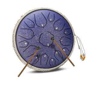 steel tongue drum- chunfeng 14 inch 15 notes tongue drum instrument-steel drums for adults-hand pan drums with music book,handpan tongue drum mallets and carry bag,lotus d major(blue)