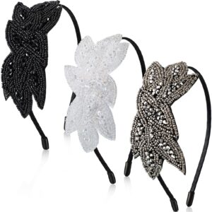 jutom flapper headband 1920s headbands for women 3 pieces black headpiece beaded leaf 1920s accessories (silver, white, black)