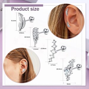 FASACCO 12PCS 18G Stainless Steel Barbell Helix Cartilage Stud Earrings CZ Leaf Dragonfly Flower Wing Moon Star Forward Helix Tragus Daith Conch Piercing Jewelry for Women Men Silver Tone