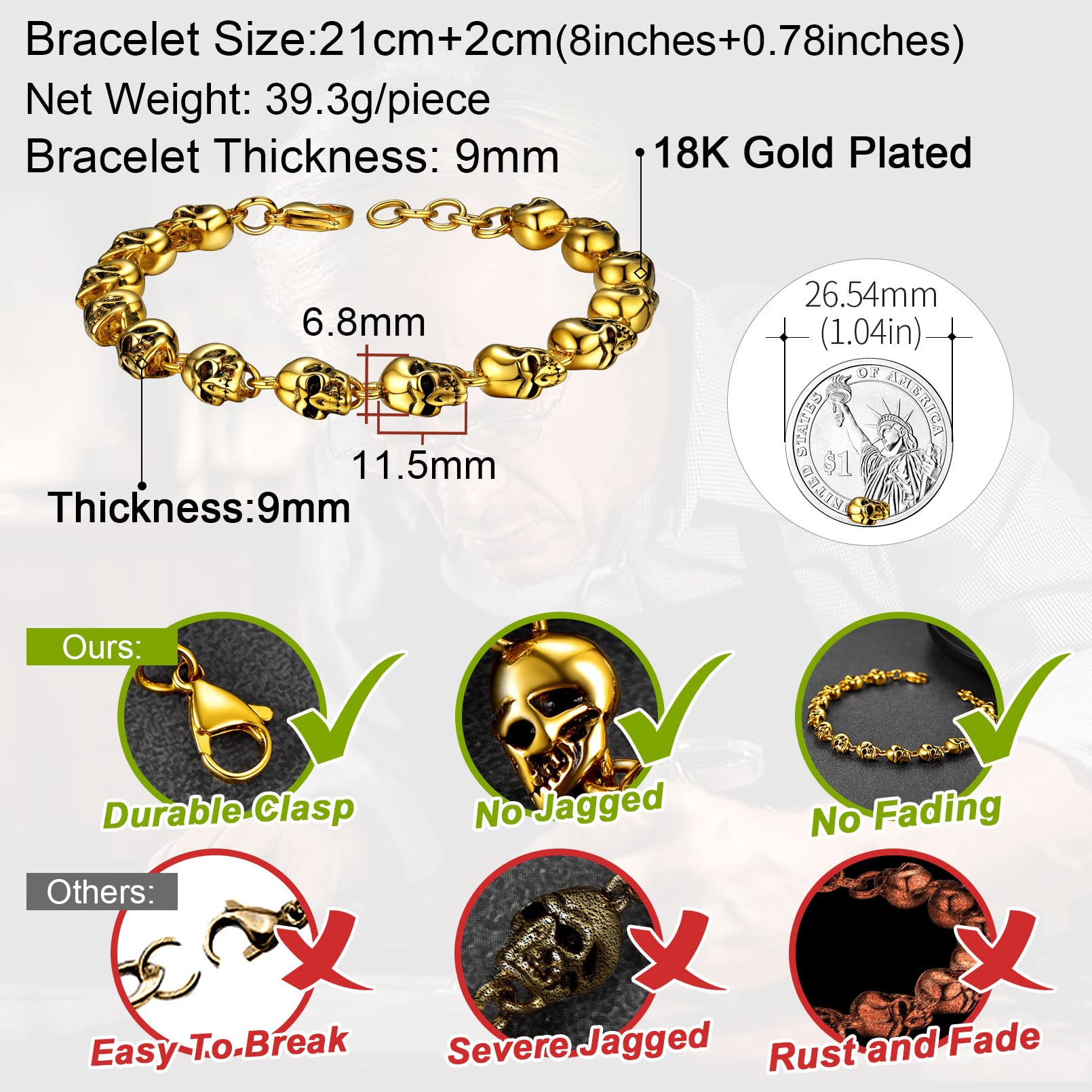 FaithHeart Halloween Skull Bracelet Chains Woman Gothic Jewelry Wristband Gold Plated Jewelry