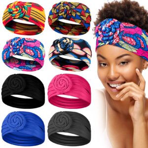 8 pieces african headband elastic boho print headband sports hairband twisted wide knotted headwrap for black women (elegant style)