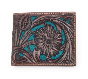 western genuine tooled leather laser cut men's bifold short wallet in 8 colors (coffee/turquoise)