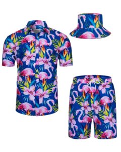 tunevuse mens hawaiian shirts and shorts set 2 pieces beach outfits flamingo print summer tropical suit with bucket hats blue xx-large