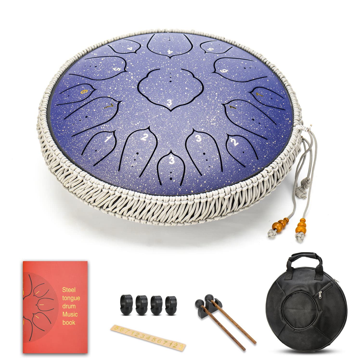 Steel Tongue Drum- ChunFeng 14 Inch 15 Notes Tongue Drum Instrument-Steel Drums For Adults-Hand Pan Drums With Music Book,Handpan Tongue Drum Mallets and Carry Bag,Lotus D Major(Blue)