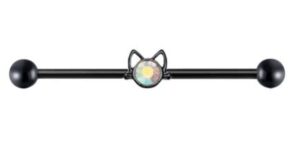 pierced republic 14g industrial stainless steel barbell with black cat face & gem - 14 gauge cartilage industrial ear piercing jewelry, silver