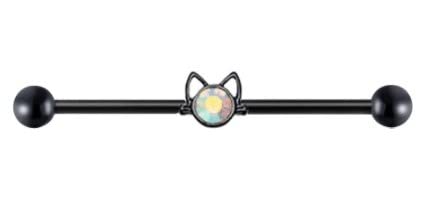 Pierced Republic 14G Industrial Stainless Steel Barbell with Black Cat Face & Gem - 14 Gauge Cartilage Industrial Ear Piercing Jewelry, silver