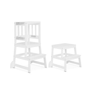 dream on me 2-in-1 funtastic tower and step stool, easy to assemble, multi-purpose stool with non-toxic paint finish, made of solid pinewood, white