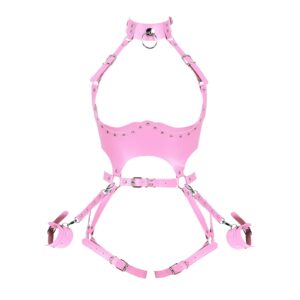 waist garter belt punk full body harness for women photography dance rock halloween leather cage chest strap set (pink)