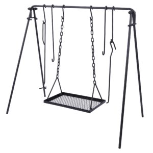 lineslife grill swing hanging campfire cooking stand with adjustable iron grill grate, collapsible campfire cooking rack with hooks and accessories for bbq picnic, outdoor camping cookware, dutch oven