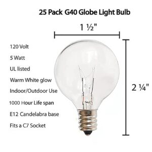 CHYParty G40 Replacement Light Bulbs, 120V 5W Clear Globe Bulb, E12 C7 Candelabra Base, 1.5 Inch Glass Incandescent Bulbs for Indoor Outdoor Patio String Lights, Warm White -25 Pack