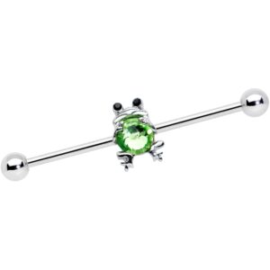 body candy womens 14g stainless steel helix cartilage earring green accent frog industrial barbell 1 1/2"