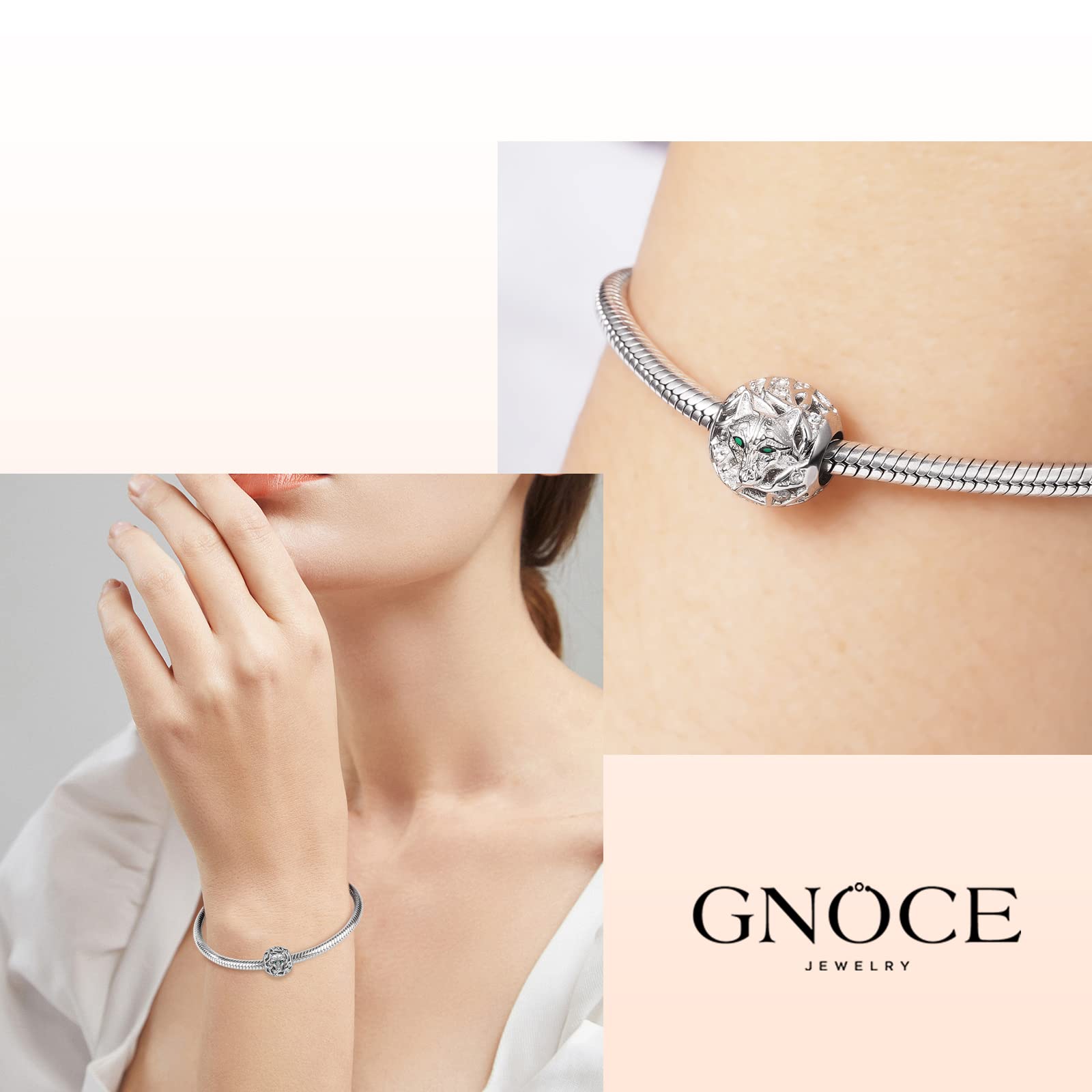 GNOCE Wolf Charm Bead 925 Sterling Silver Inlaid with Crystal Zircon Stons Jewelry Gift For Women Wife Fit Bracelets/Necklace