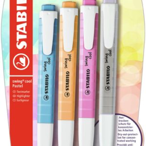 STABILO Highlighter swing cool Pastel - Pack of 4 - Dusty Grey, Frozen Fuchsia, Breezy Blue, Pale Orange