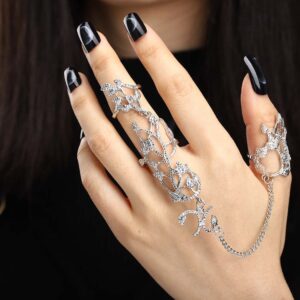 bomine goth multiple rings finger stack knuckle band punk hand chain ring finger bracelets beach slave bracelet jewelry for women and girls (silver)